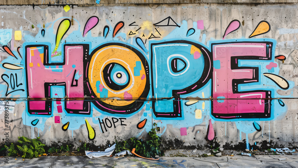 The word "HOPE" as an artistic illustration graffiti on an old concrete ...