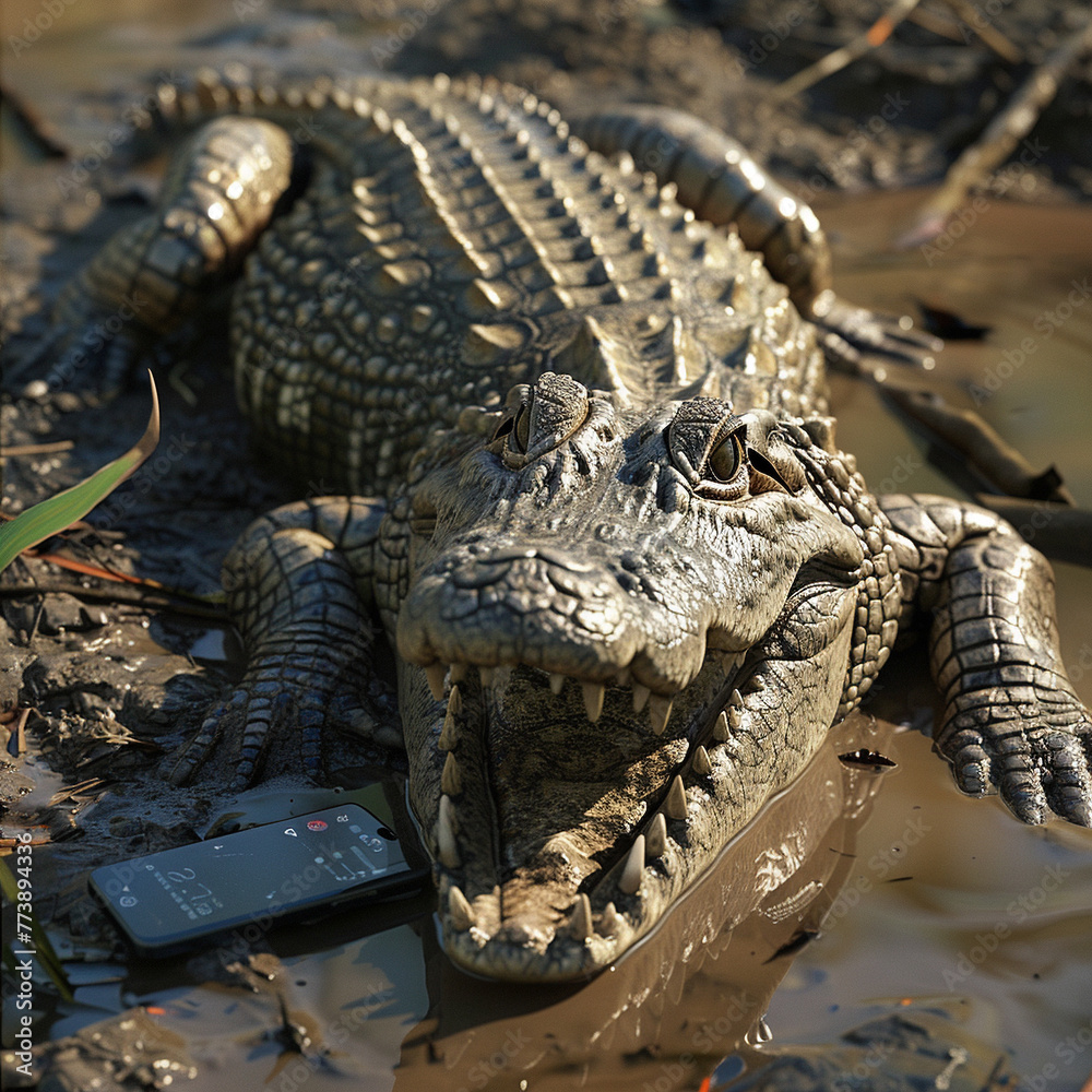 Crocodile with smartphone Crocodile monitoring water levels and prey ...