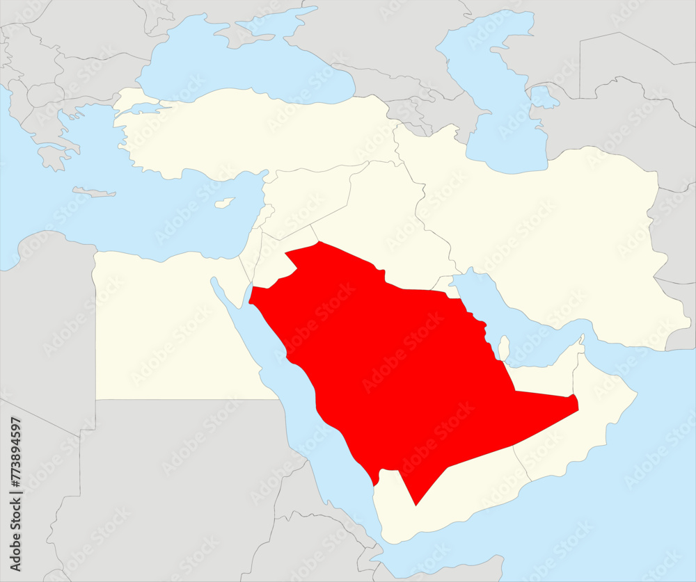 Red simple blank political map of SAUDI ARABIA with black borders on ...