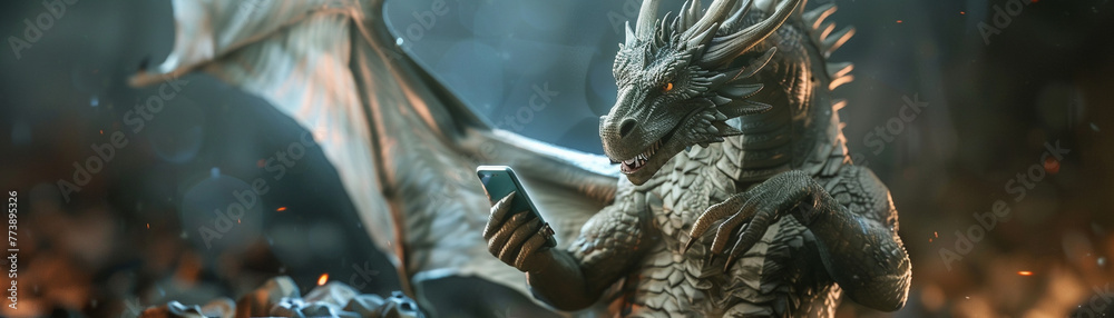 Dragon with smartphone Mythical creature curating hoards of digital ...