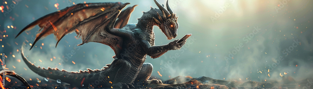 Dragon with smartphone Mythical creature curating hoards of digital ...