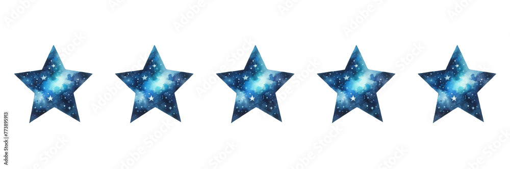 Five blue watercolor stars on a transparent background for ratings or ...