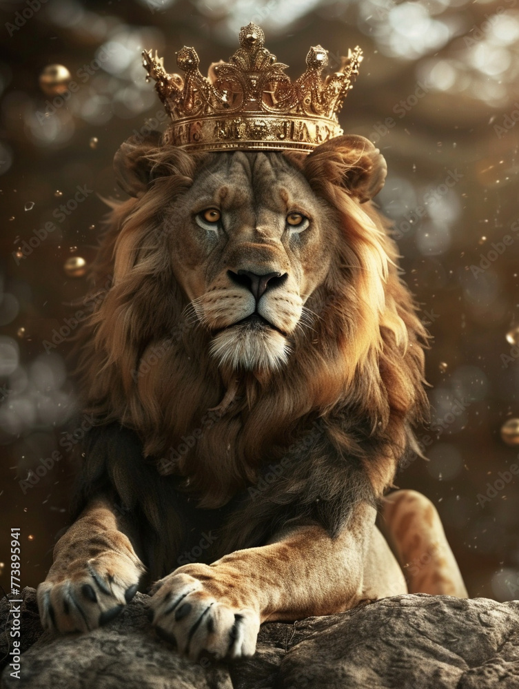 Lion as king again Lion, with a golden crown, on a rocky throne ...