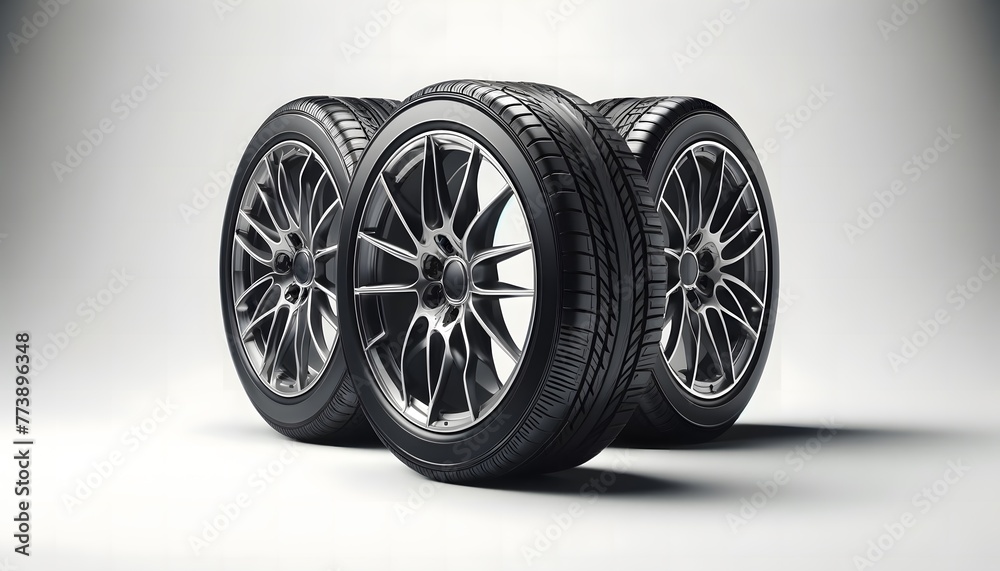 a set of three modern car tires with detailed tread and sleek alloy ...