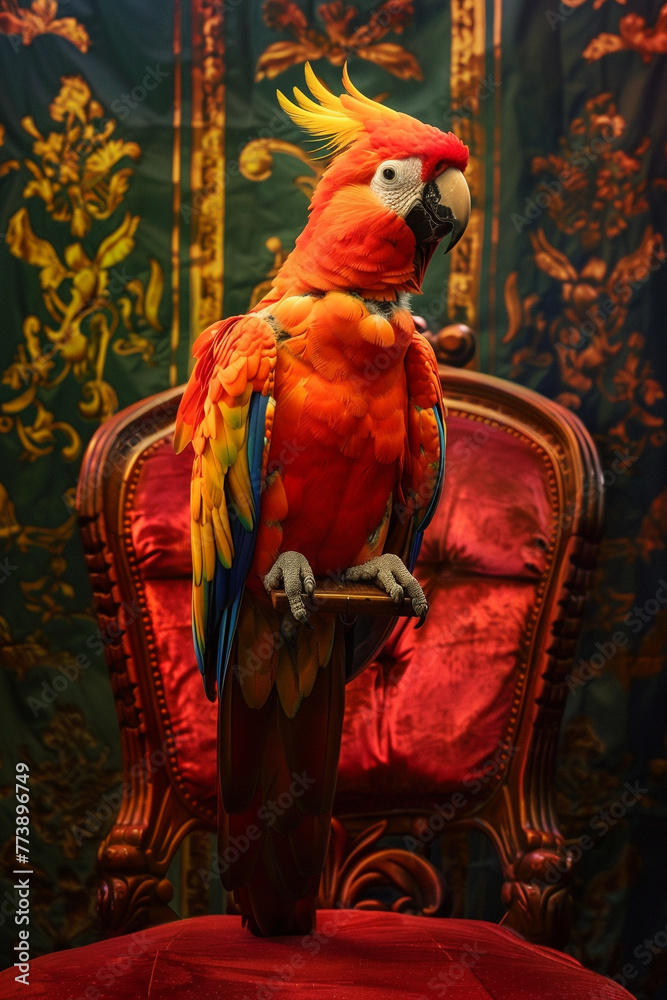 Parrot as king Parrot on a throne, crowned, ruling the avian world with ...
