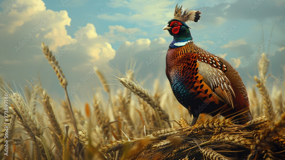 Pheasant as king Pheasant with a regal crown, on a throne of wheat ...