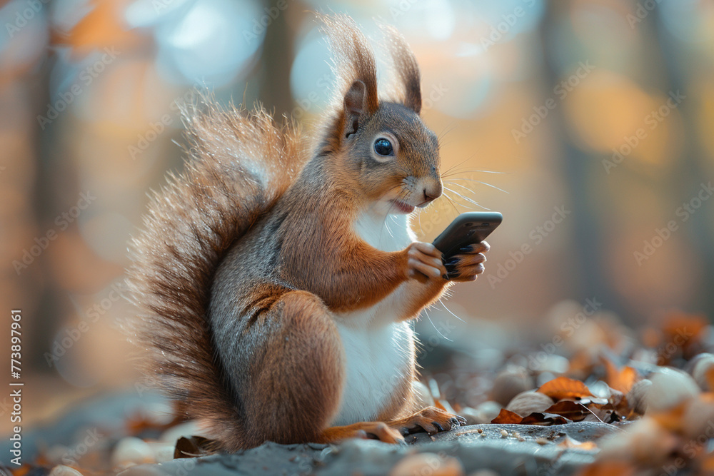 Squirrel with smartphone Squirrel organizing nut collections with ...