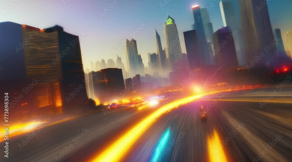 animation, motion effect city road route, its way through towering ...