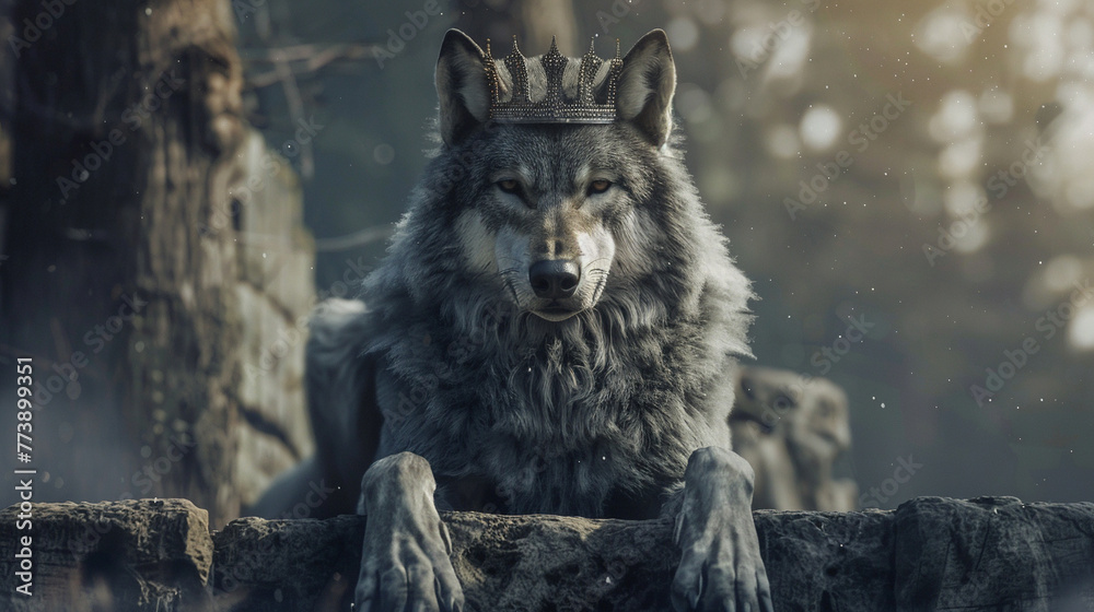 Wolf as king Noble wolf in a crown, leading the forest pack from a ...