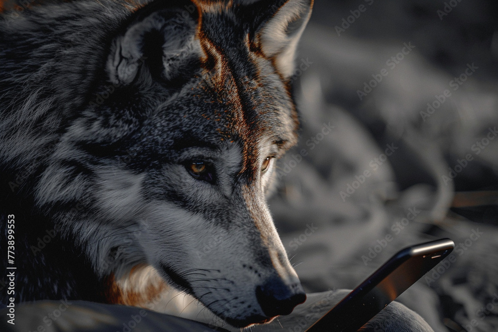 Wolf with smartphone Alpha wolf coordinating the pack via digital means ...