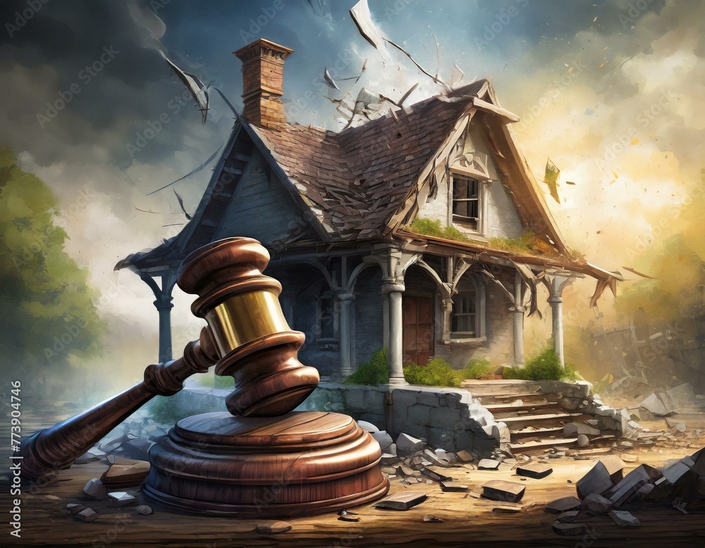 Surreal artwork depicting a giant gavel striking a crumbling house ...