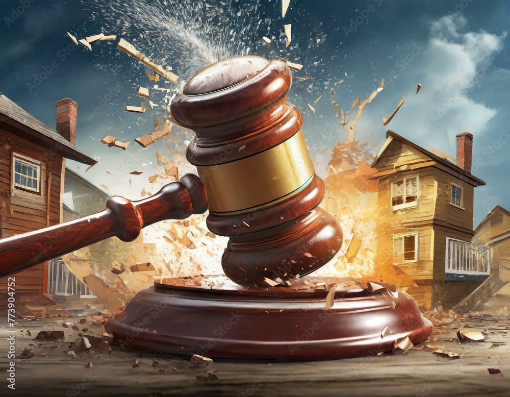 Artistic rendition of a judge's gavel striking with a powerful force ...