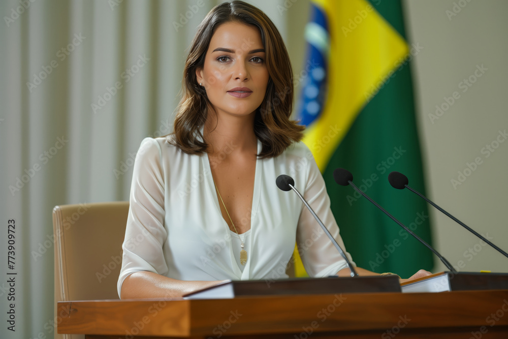 Foto de Handsome, busty Brazilian female politician woman sits in front ...
