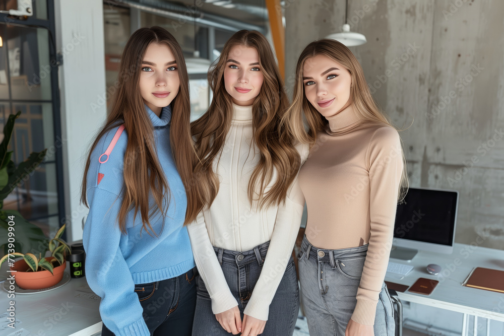 Three Russian female students posing together in classroom at their ...
