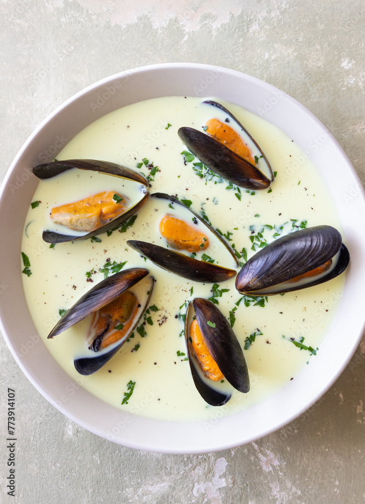 Creamy mussels soup. Seafood. Chowder. Healthy eating. Stock Photo ...