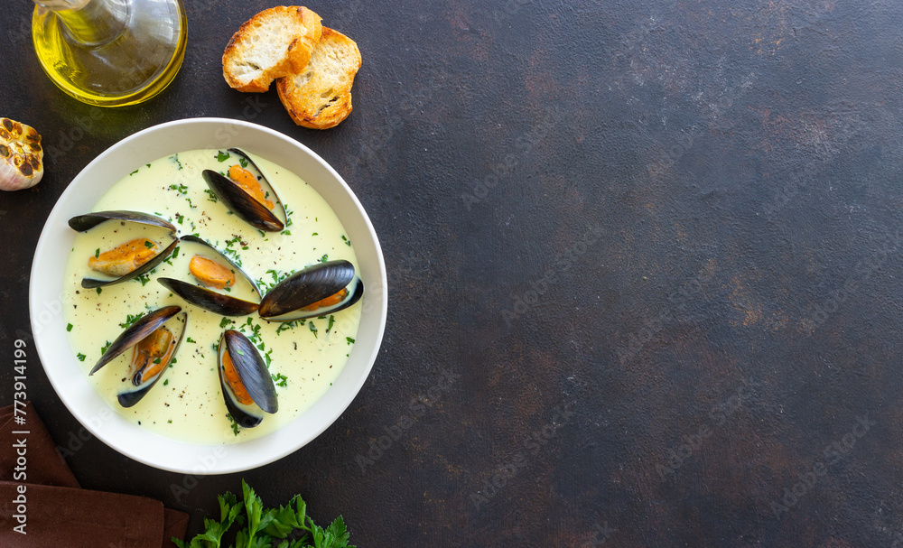 Creamy mussels soup. Seafood. Chowder. Healthy eating. Stock Photo ...