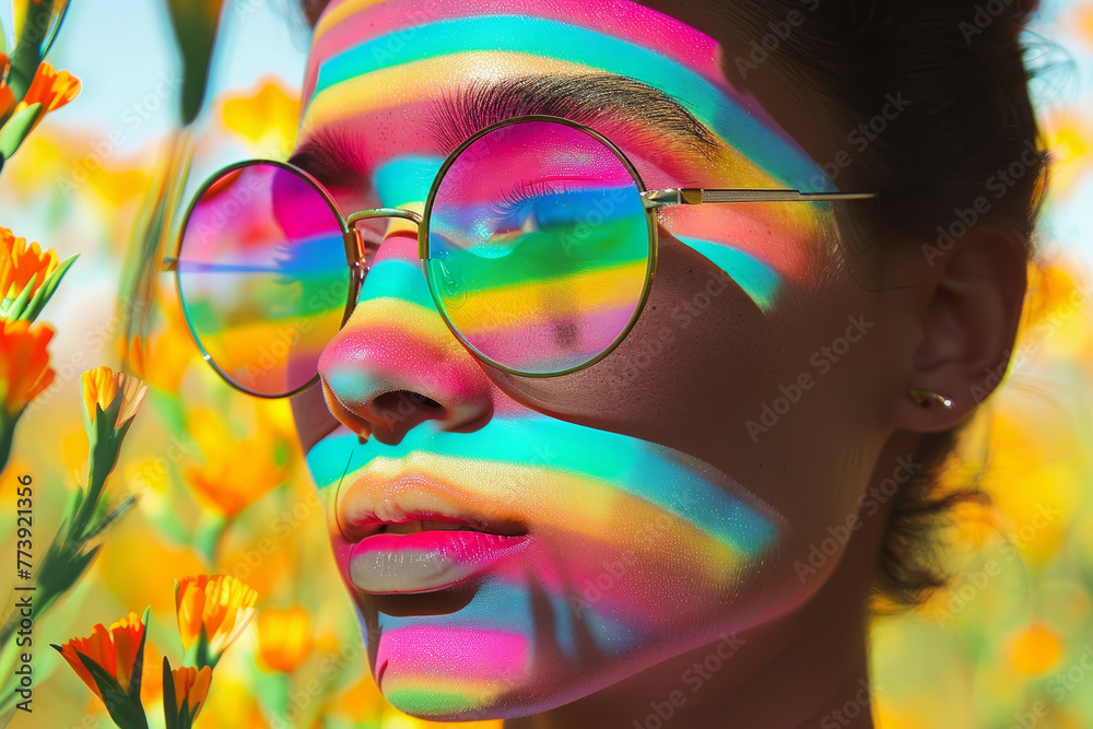 A woman with rainbow colored glasses and makeup is standing in a field ...