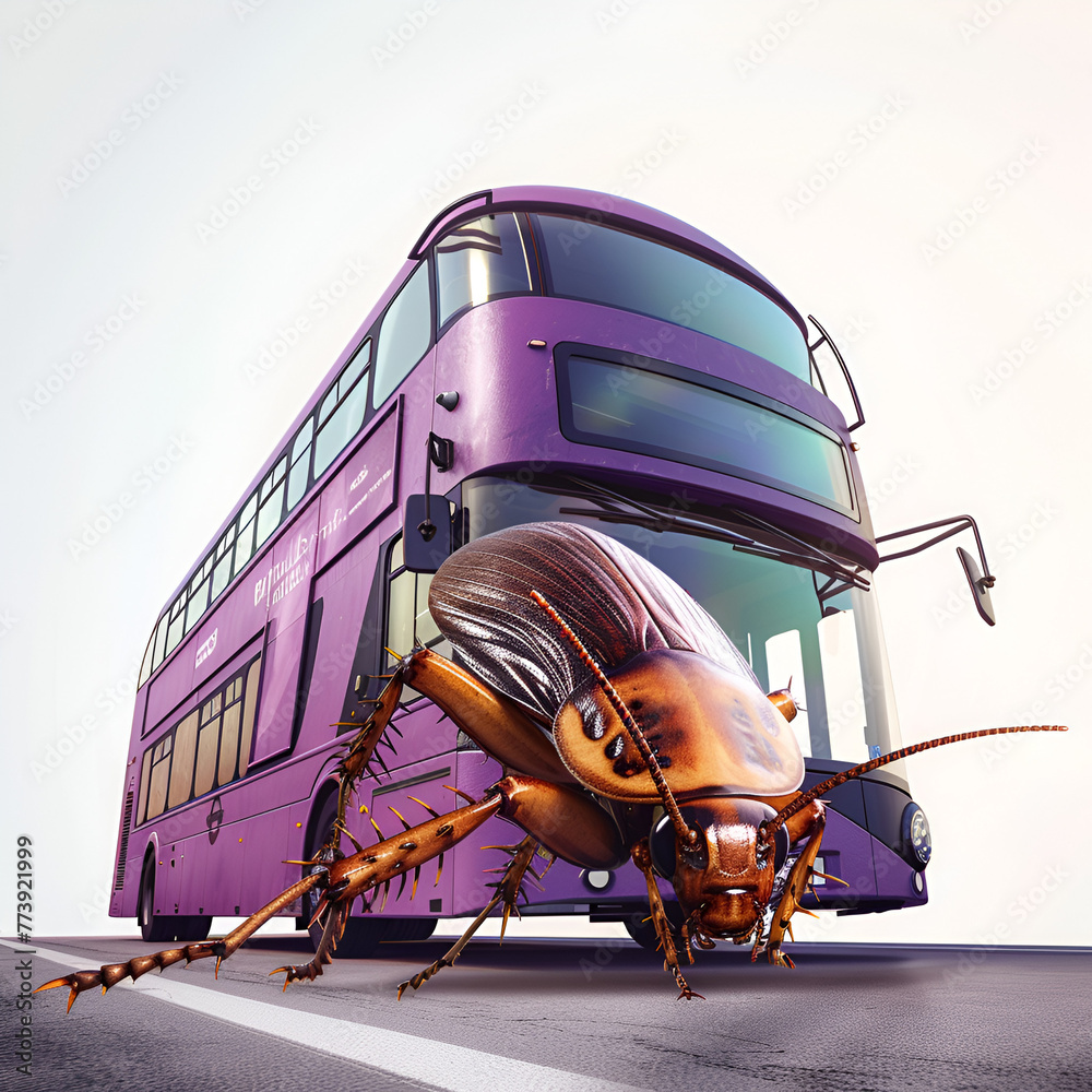 logo of a purple double deck bus, with a realistic big brown cockroach ...
