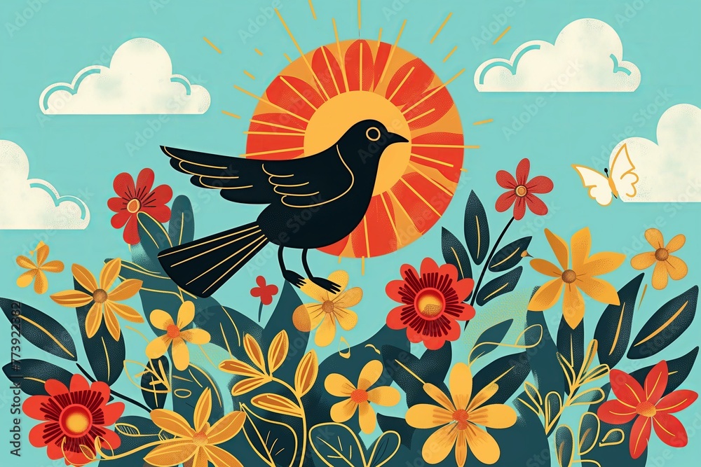 Sinhala New Year Erythrina Fusca Flowers with black Asian koel bird and ...