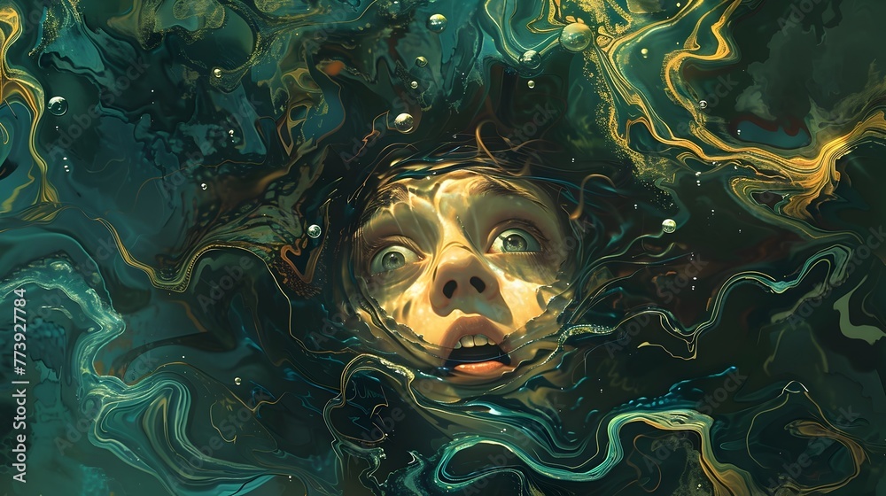 A figure sinks into a pool of liquid memories,eyes wide with terror as ...