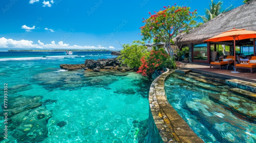 Tropical Paradise Resort with Overwater Bungalows on a Clear Blue ...