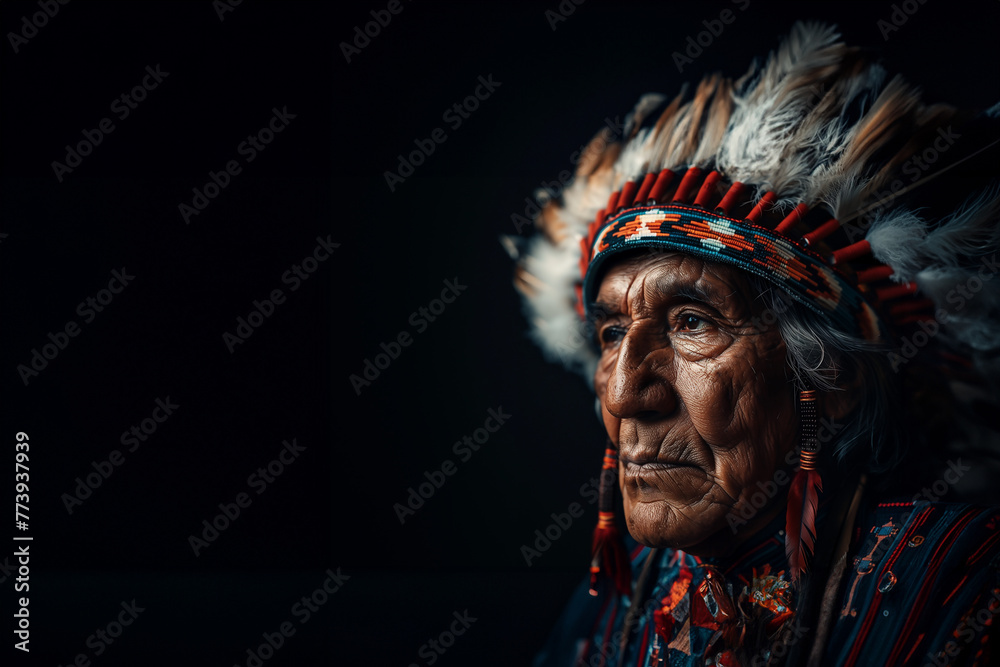 chef indien, avec sa coiffe en plumes traditionnelle, et son plastron ...