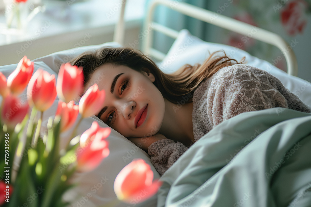 Young Woman Stays In Hospital, Women Lay On Bed Among Tulip Flower ...