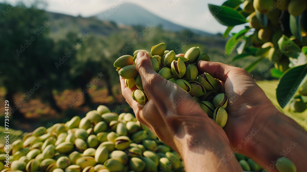 the pistachio baron of Bronte, gently holds a handful of fresh, green ...