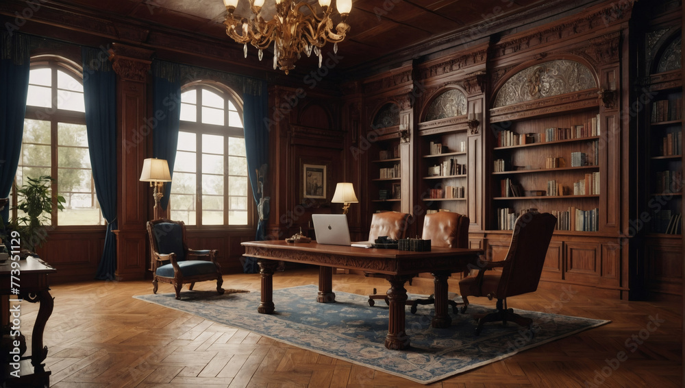 Victorian-style library with rich wood paneling. 3D rendering. Stock ...