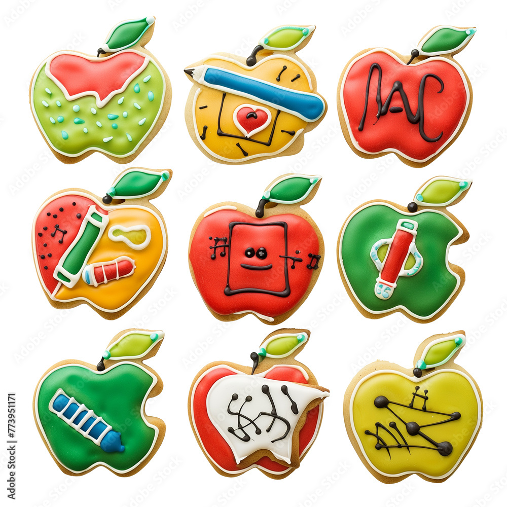 A set of apple-shaped cookies, decorated with royal icing to feature ...