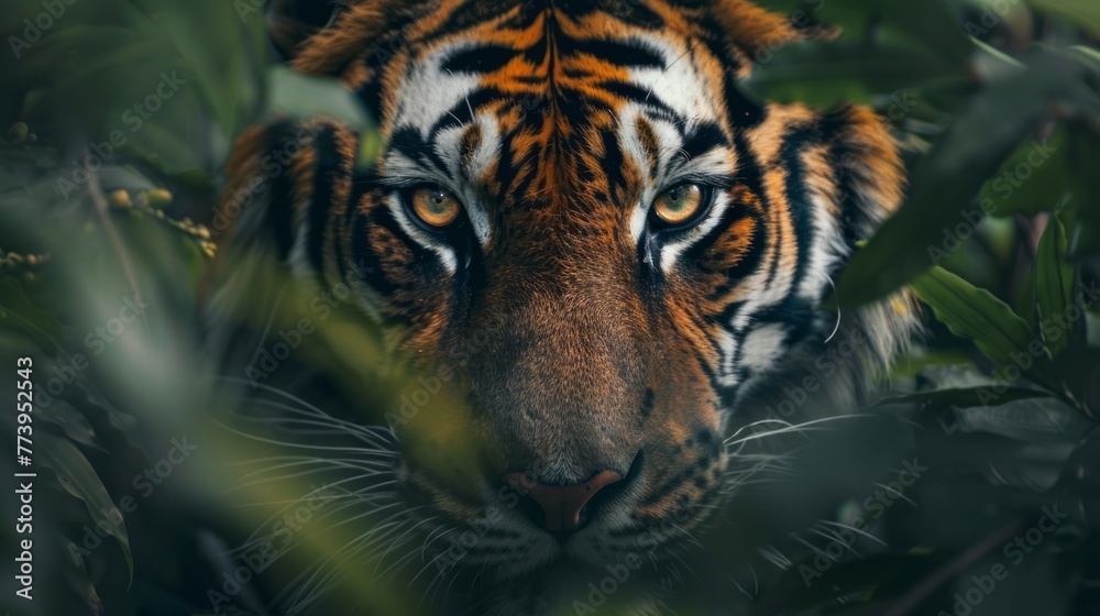 Intense close up of the piercing eyes of a wild tiger lurking in the ...