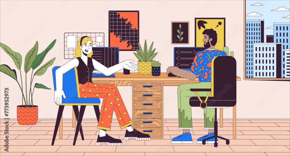 Sharing home office cartoon flat illustration. Multiracial colleagues ...