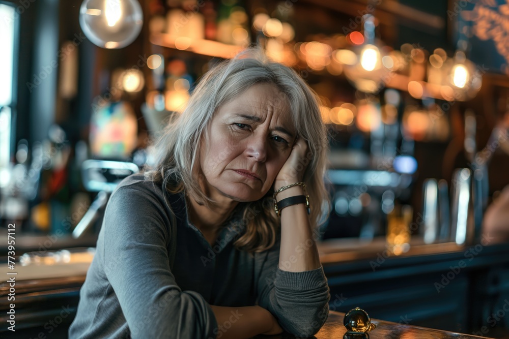 Upset middle aged woman sit alone in bar cafe party, feeling lonely or ...