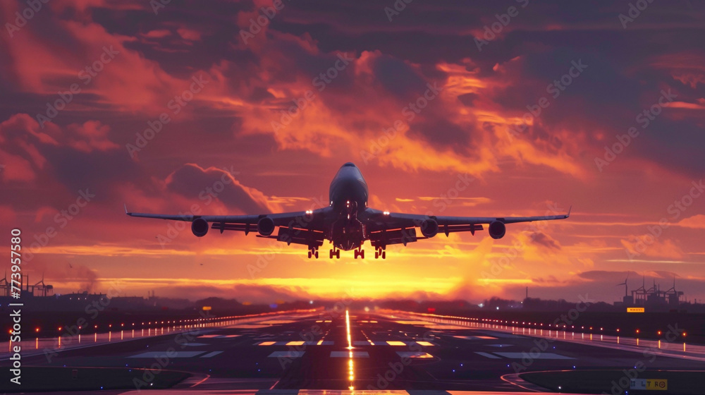 Passenger plane take off from runways against beautiful dusky sky ...