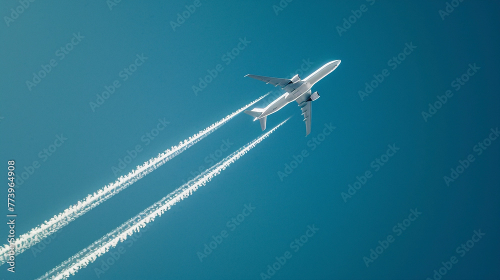 Distant passenger jet plane flying on high altitude on clear blue. A ...