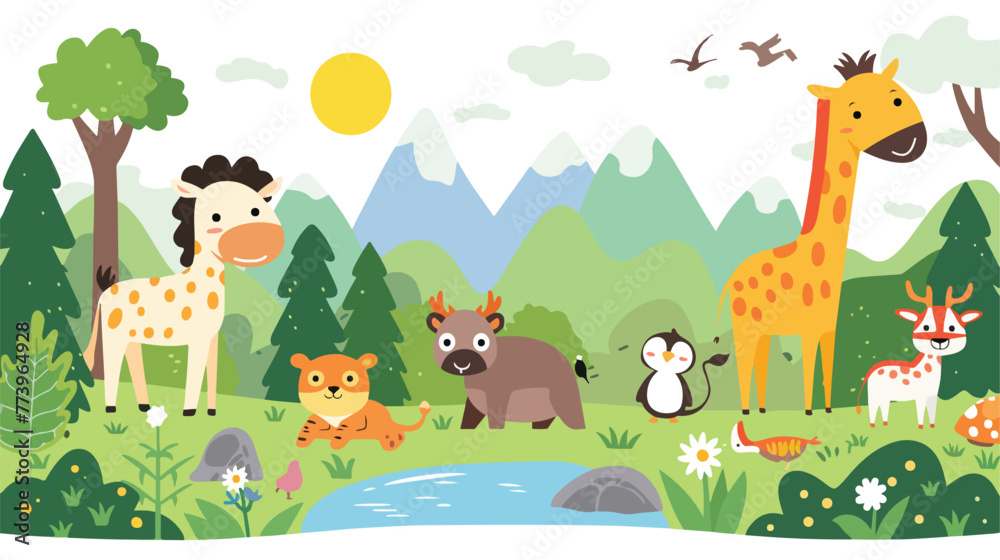 Cartoon wild animals with nature landscape background Stock Vector ...