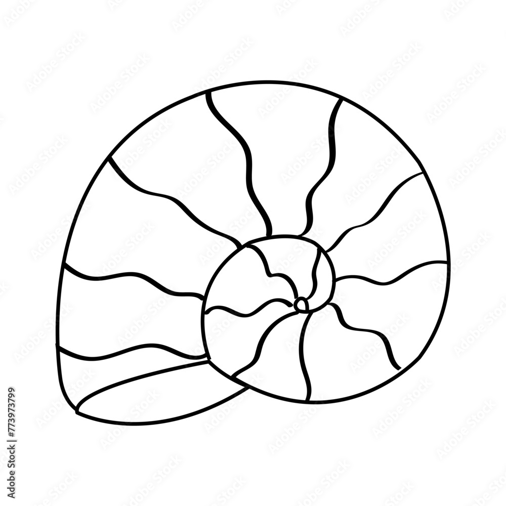 Coloring page with doodle style sea shell. Black and white cute mollusk ...