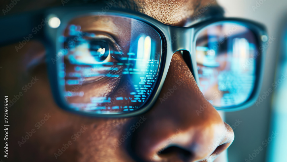 A close-up view of a mans face wearing glasses with reflections of code ...