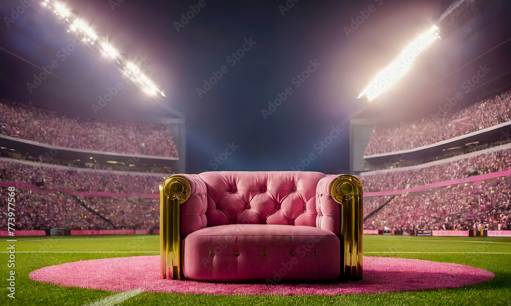 Pink luxury classic armchair with gold trim stands on stadium soccer ...