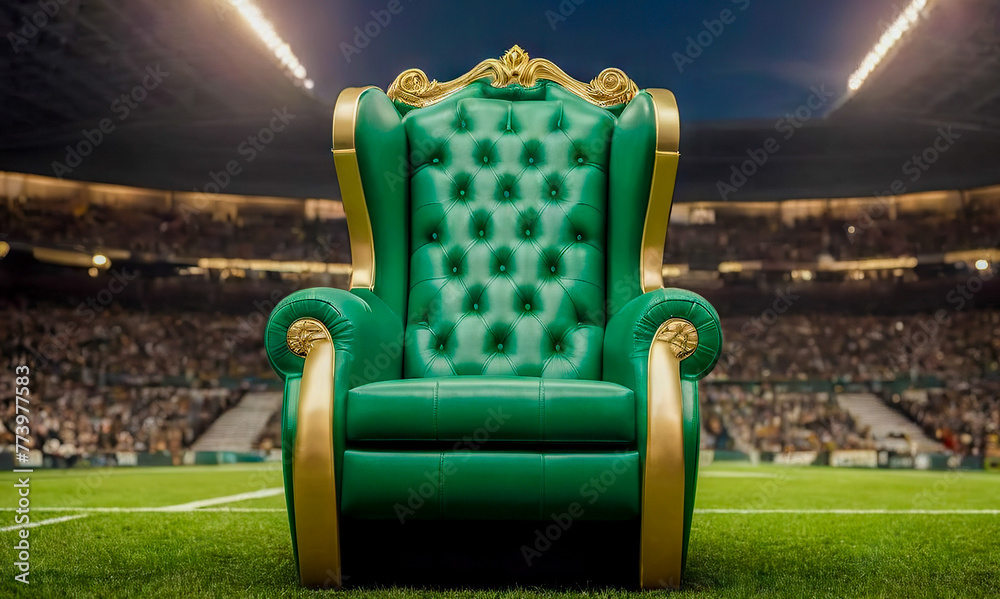 Green luxury classic armchair with gold trim stands on stadium soccer ...