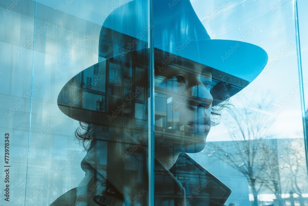 Mysterious figure behind blue reflective surface. Mysterious silhouette ...