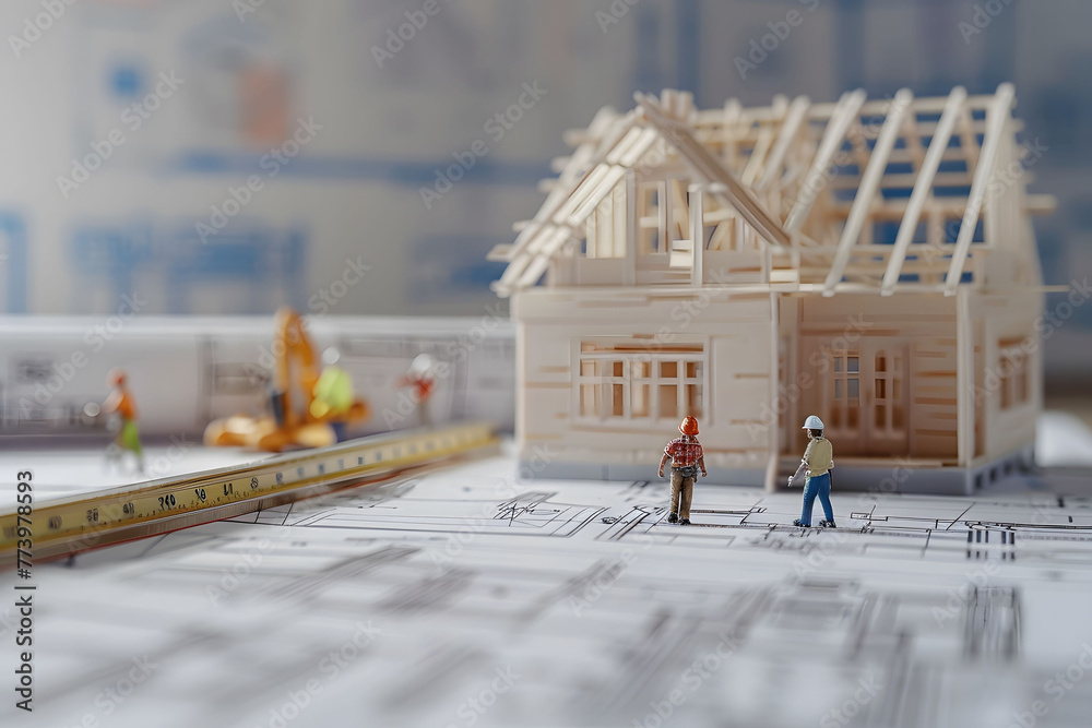 Tilt shift photo of miniature construction workers building a house ...