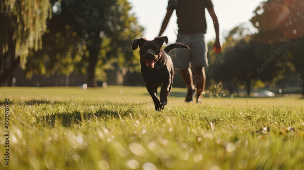 Dog running towards camera in sunny park. A playful black dog running ...