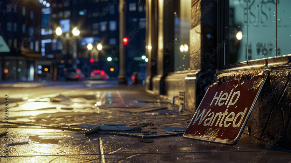 A broken " help wanted" sign on the sidewalk of an empty city street at ...