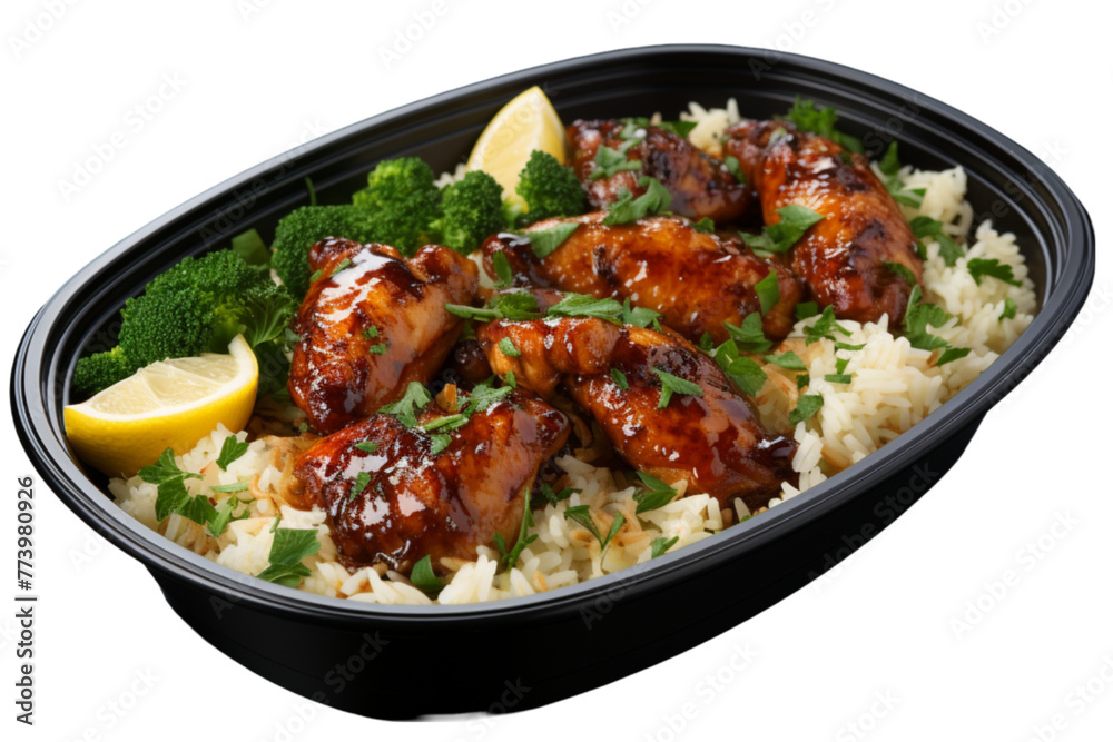 png of chicken with rice in black tiffin box on isolated white Stock ...