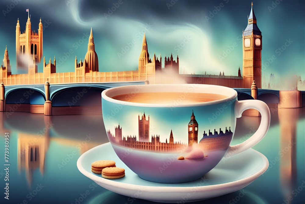 Surreal artistic image of london city floating in a cup of tea with ...