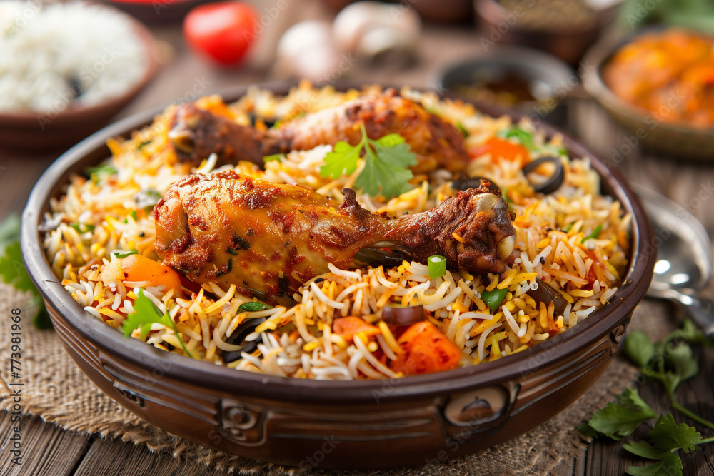 Chicken biryani Spicy Indian Malabar biryani Hyderabadi biryani, Dum ...