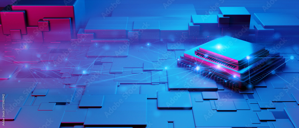 microchip brain neural of AI robot for high technology network, quantum computer processing, 3d ...