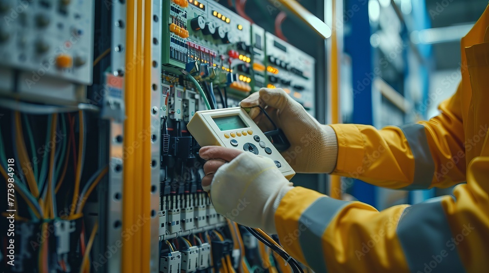 In the energy sector, a technician employs a multimeter to gauge the ...