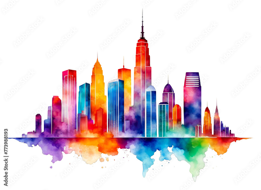 Vibrant watercolor splash painting of city skyline, colorful abstract ...